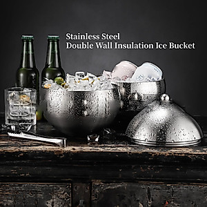 AUNMAS Double-Wall Stainless Steel Insulated Ice Bucket with Lid, 2 L, Spherical, Silver, Keeps Ice Cold & Dry for Home Bar, Chilling Beer Champagne and Wine