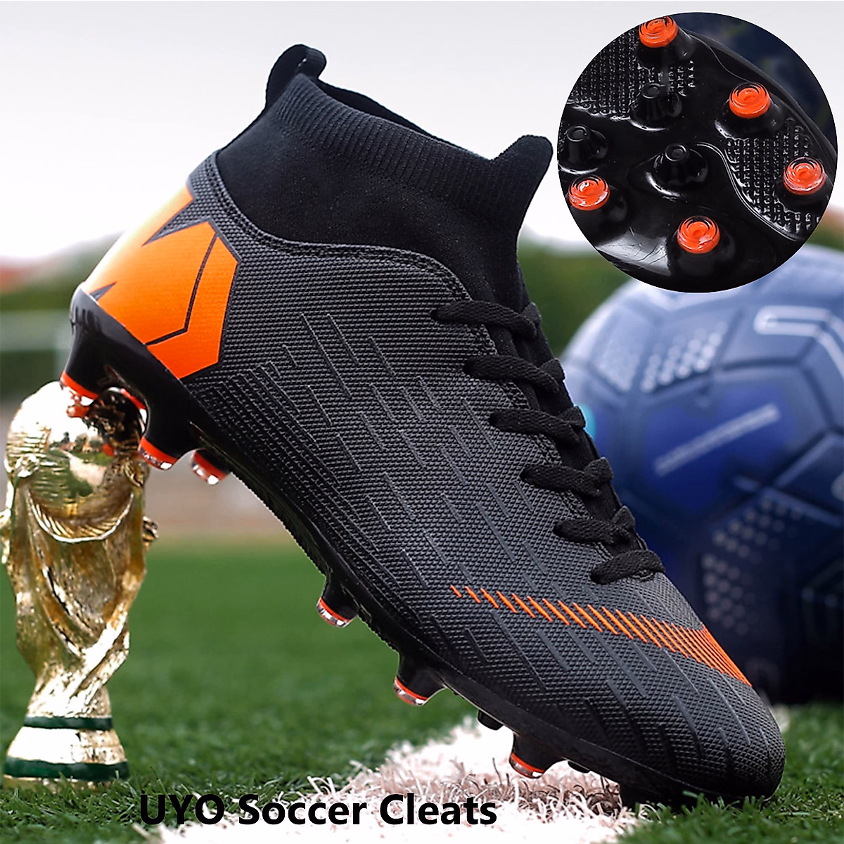 Men's Firm Ground Soccer Shoes Football Cleats Spikes High-Top Lace-Up Lightweight Hard Ground Turf Boots Black EU 43 US 10