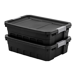Sterilite 10 Gallon Plastic Stacker Tote, Heavy Duty Lidded Storage Bin Container for Stackable Garage and Basement Organization, Black, 12-Pack