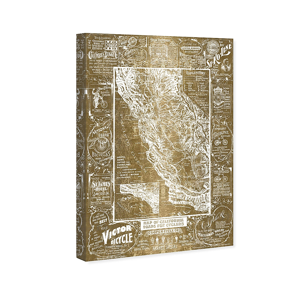The Oliver Gal Artist Co. Maps Wall Art Canvas Prints 'Map of California for Cyclers Gold'