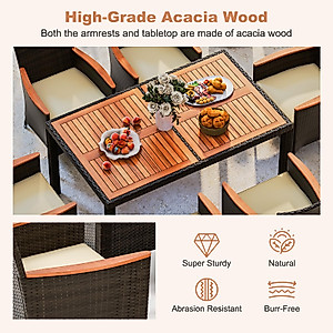 HAPPYGRILL 7 Pieces Rattan Wicker Patio Dining Set, Outdoor Dining Set with Cushions, Large Dining Table with Acacia Wood Top, Outside Dining Furniture Set with Umbrella Hole