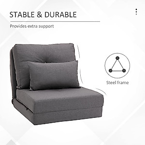 HOMCOM Convertible Flip Chair, Floor Lazy Sofa, Folding Upholstered Couch Bed with Adjustable Backrest, Metal Frame and Pillows for Living Room Bedroom, Dark Grey