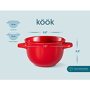 KooK Broil Safe Soup Bowls, French Onion Soup Crocks, Oven Safe Soup Mugs, Ceramic Bowls with Handles, for Rice, Dessert, Pasta, Dishwasher, Microwave, Set of 4, 18 oz (Red)