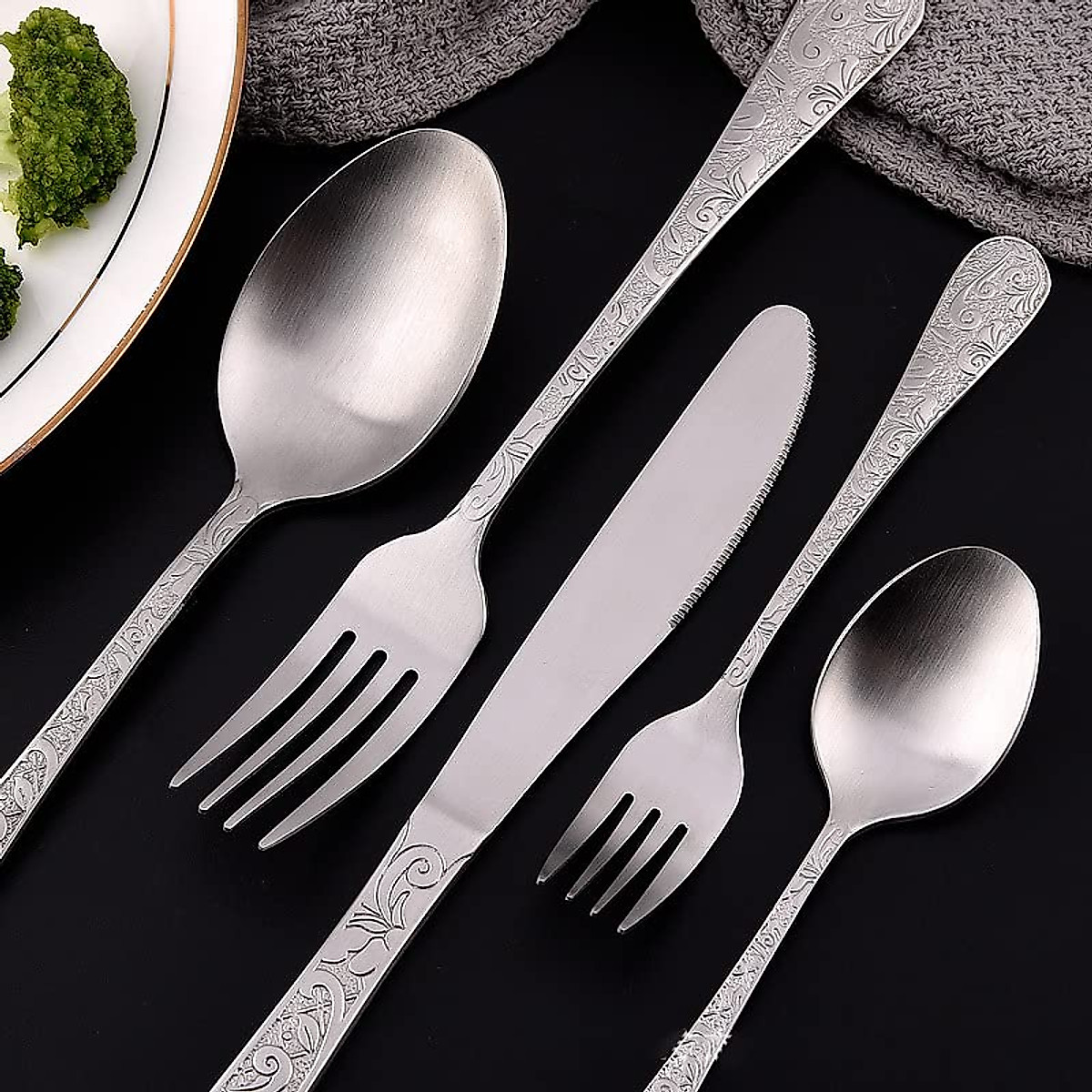 20 Pieces Silverware Set for 4,Stainless Steel Flatware Set Kitchen Eating Utensils Include Spoons,Forks,Knives,Salad Forks,Teaspoons,Coffee Spoons Home Essentials Patterned Handle Dinnerware Sets