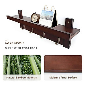 SONGWAY Wall Mounted Floating Shelf - Wall Coat Rack with Hooks and Shelf, Rustic Floating Shelf, Wood Wall Shelf with Hooks, Key Holder for Wall, Brown