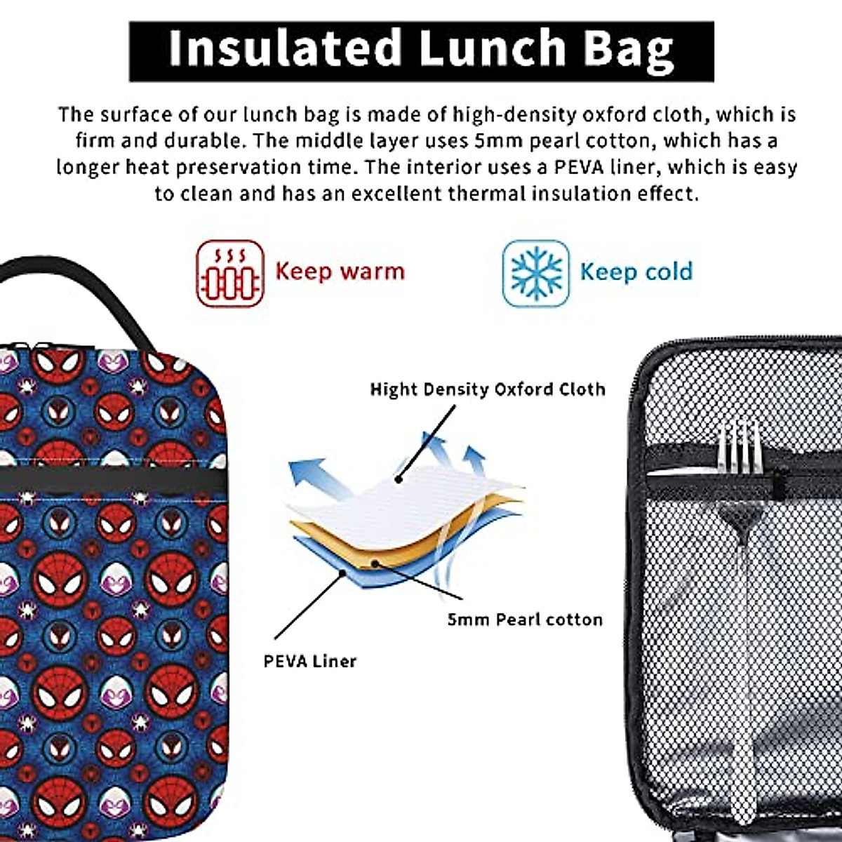 KKNQRZ Lunch Bag for Boys Insulated Lunch Box Reusable Prepare SuperHero Lunch Box for Meal School Travel Tote Daily Storage