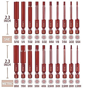 REXBETI 20 Piece Hex Head Allen Wrench Screwdriver Bit Set, Bronze SAE Metric 1/4 Inch Hex Shank S2 Steel Magnetic 2.3 Inch Long Drill Bits with Storage Box