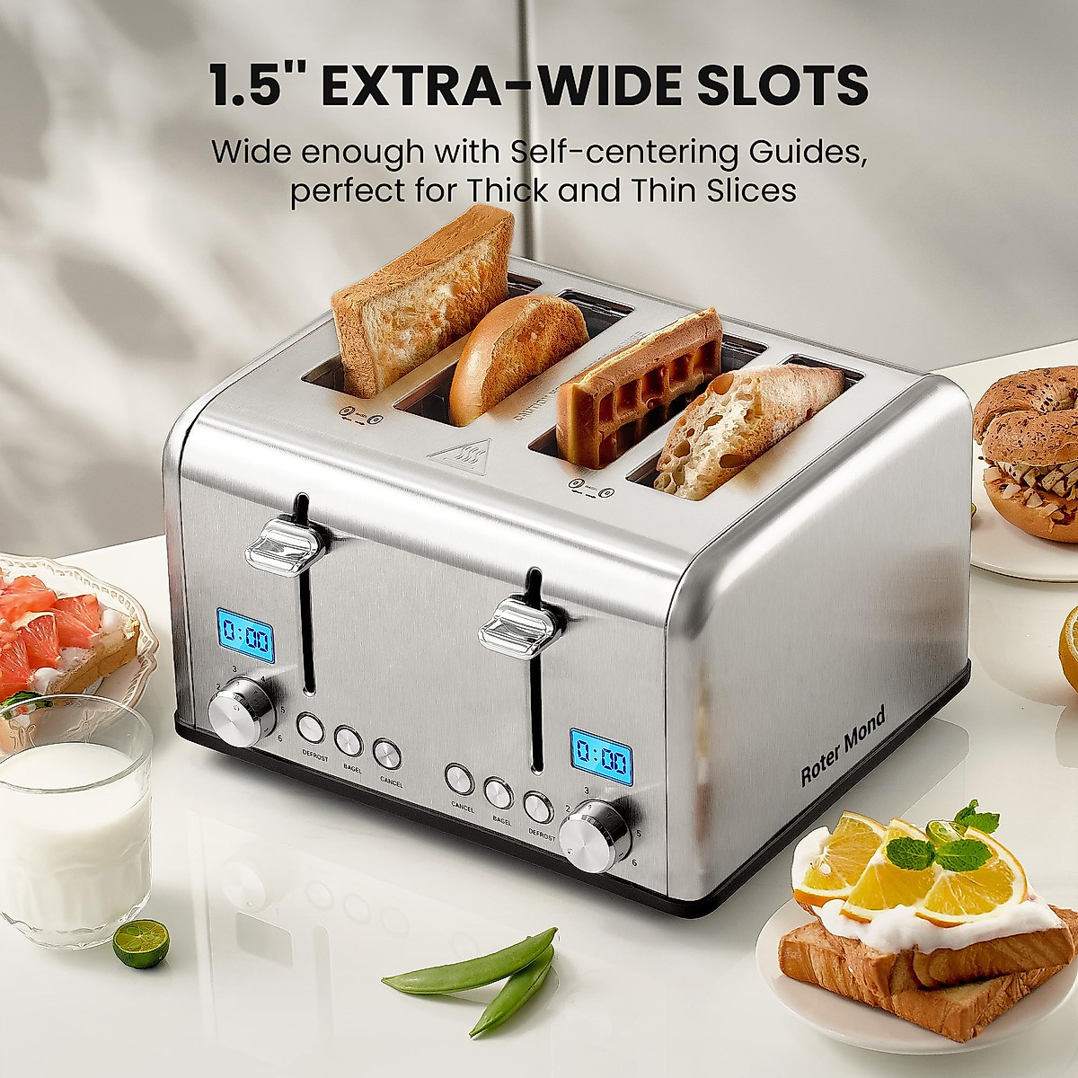 4 Slice Toaster, Roter Mond Countdown Stainless Steel Toaster with Bagel, Defrost, Cancel Function, Dual Toaster Extra Wide Slots, 6 Bread Shade Settings Bread Toaster, Removable Crumb Trays, 1650W