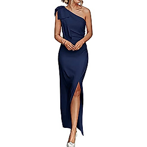 PRETTYGARDEN Women's Summer One Shoulder Long Formal Dresses Sleeveless Ruched Bodycon Wedding Guest Slit Maxi Dress (Navy,Large)