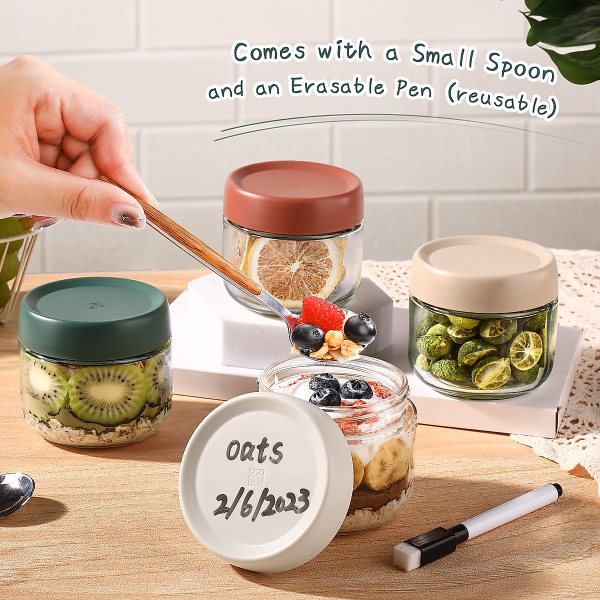 DIMBRAH 10oz Glass Jars with Lids - Set Of 4, Overnight Oats Containers with Lids, Practical Oatmeal Container to Go, Chia Seed Pudding Jars, with Spoon and Marker