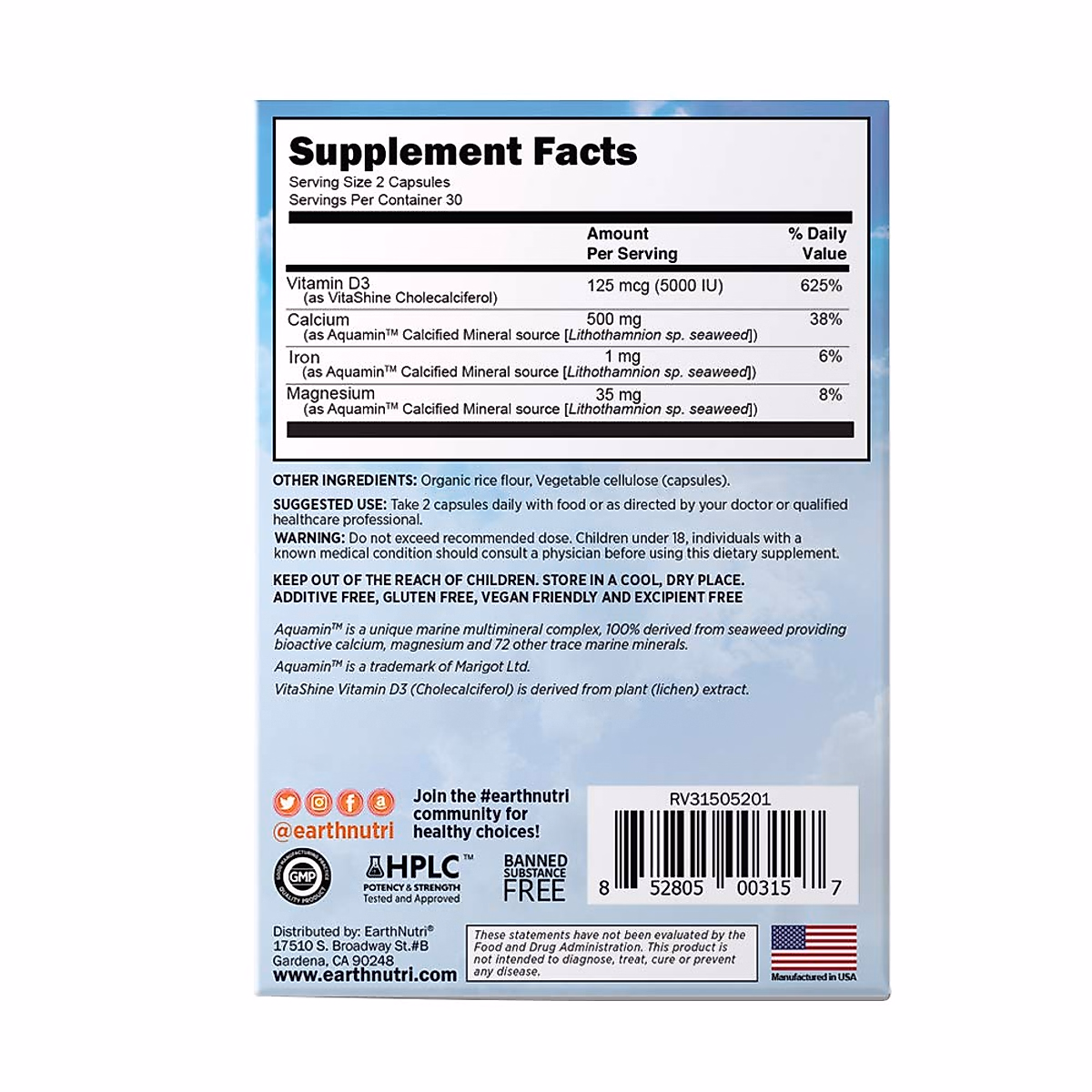 EarthNutri D-fense Bone & Heart Health, 72 Trace Minerals, Immunity, Vitamin D3 Vitashine, Calcium, Iron, and Magnesium Aquamin - 60 Veg Cap, Blister Sealed.