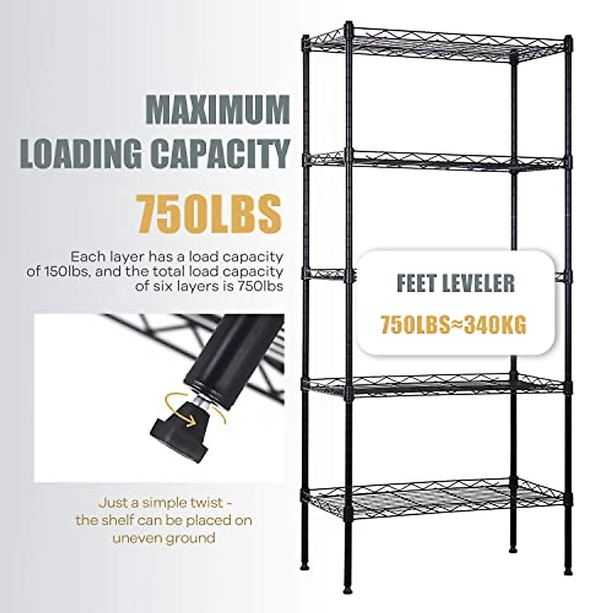 NChanmar 5-Tier Metal Shelving Unit Storage Shelves Metal Shelves 48"x21"x12" Heavy Duty Metal Storage Rack Wire Rack NSF Height Adjustable for Home Kitchen Bathroom Garage Shelving(Black)