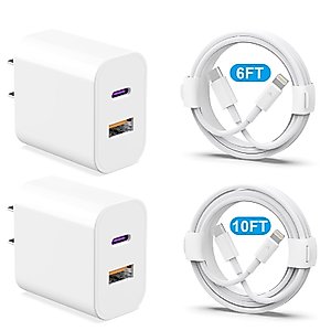 20W Dual Port Fast Charger Block 2-Pack with 6FT & 10FT MFi-Certified Cables, PD/QC3.0 Quick Charge Adapter for iPhone 14/13/12/11 Pro Max/XS/XR/X, iPad, AirPods Pro - Overheat & Surge Protection