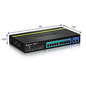 TRENDnet 10-Port Gigabit Web Smart PoE+ Switch, 8 x PoE+ Gigabit Ports, 2 x Gigabit Ethernet Ports, 2 x Shared SFP Slots, 75W Total Power Budget, Rack Mountable, Lifetime Protection, Black, TPE-1020WS