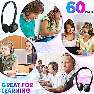 60 Pieces Headphones Bulk for Classroom Over The Head Headphones Wired Adjustable On Ear Student Headsets with 3.5 mm Headphone Plug for School Classroom Kids Children Teen and Adults (Black)