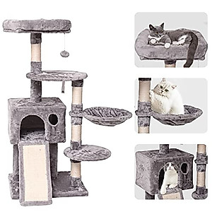 MQ Cat Tree Tower 47.3 in, Multi Level Cat Scratching Post with Condo, Ladder, Hammock & Plush Perches for Kittens, Adult Cats, Light Gray
