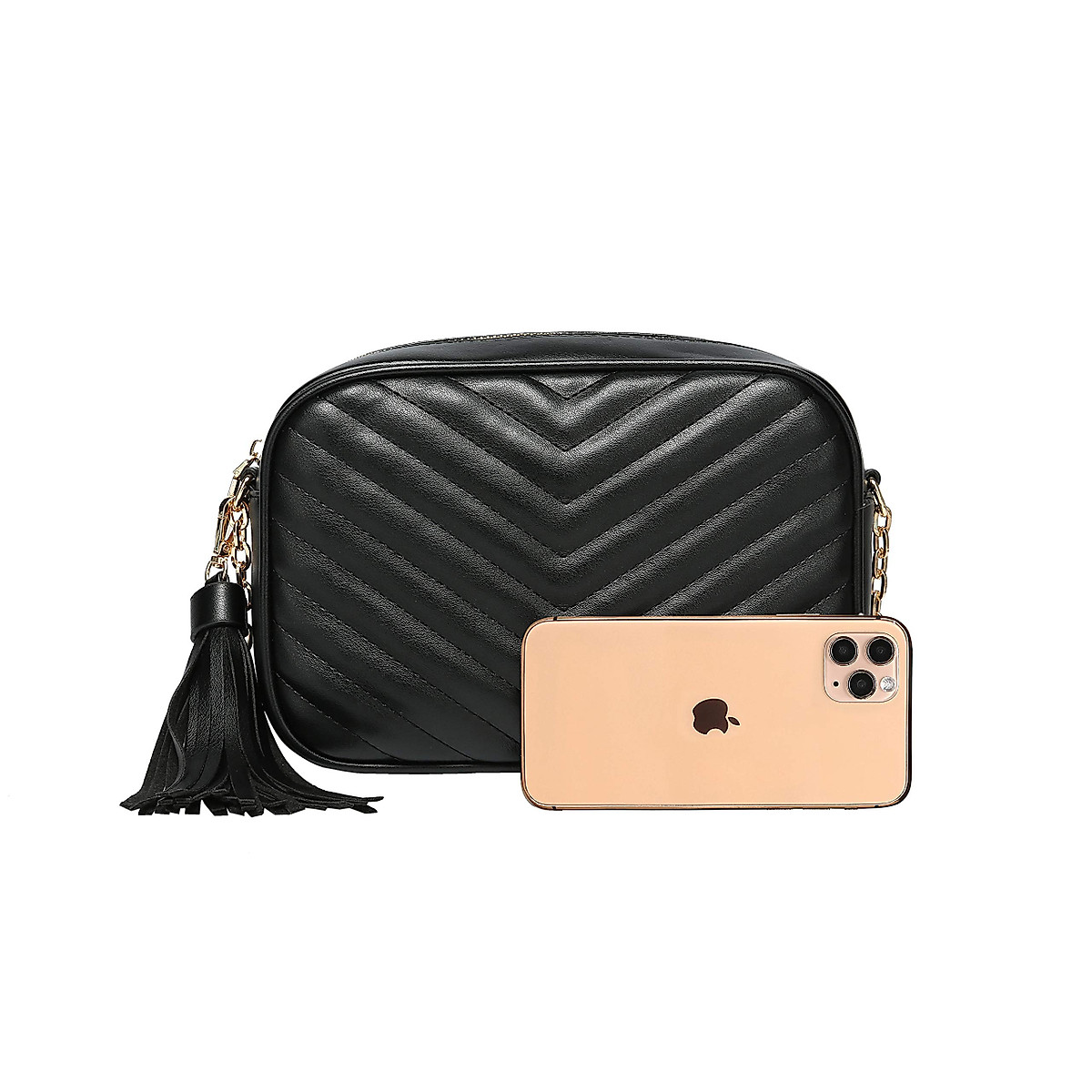 Daisy Rose Quilted Chevron Shoulder Cross Body Bag & Detachable Tassel, PU Vegan Leather - Black
