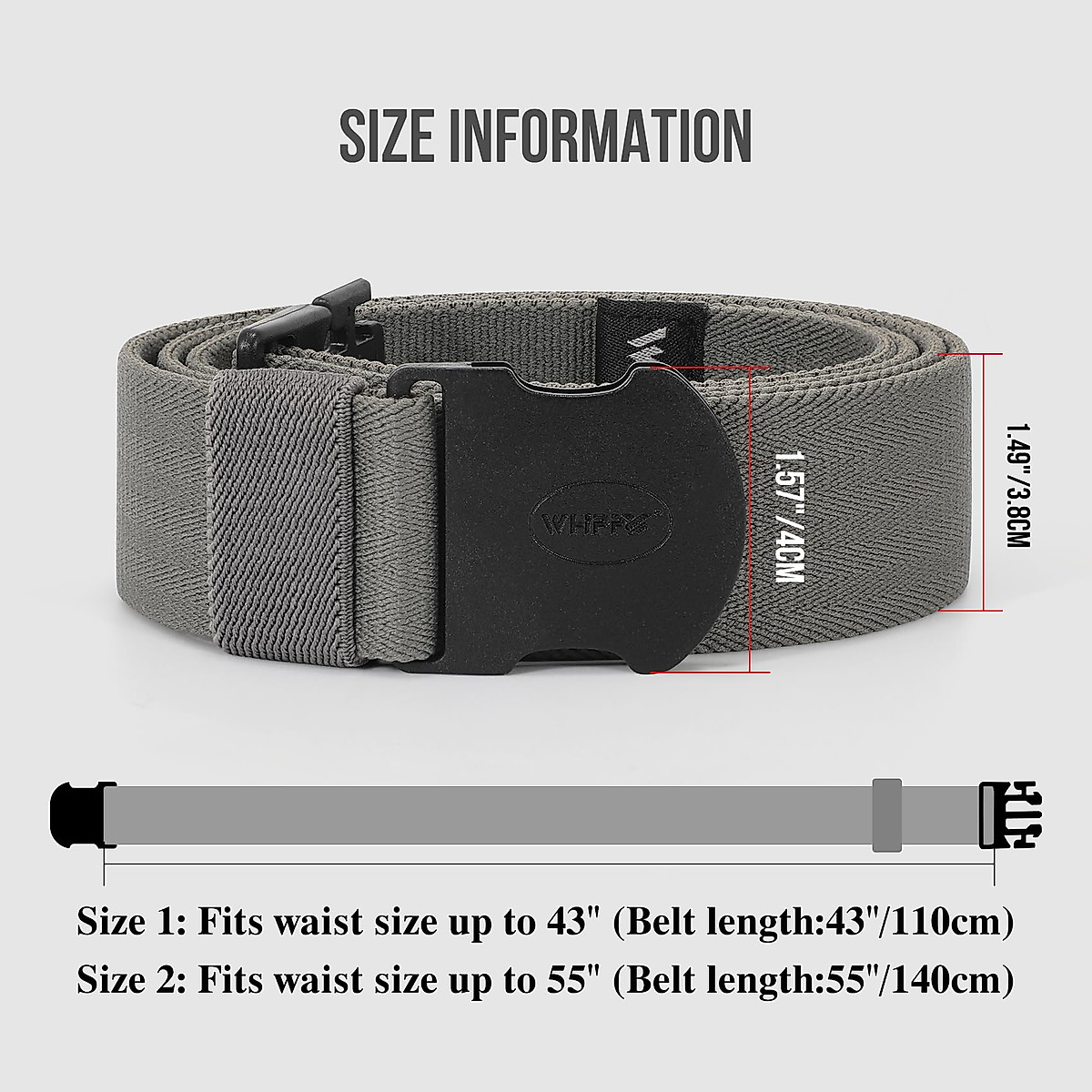 WHIPPY Mens Elastic Stretch Belt Unisex Adventure Web Belt for Women Men with Non-Metal Buckle Adjustable Belts, Gray, 43 Inches