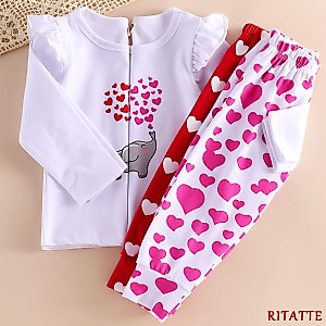 Ritatte Toddler Infant Baby Girl Clothes Outfits Valentine Heart Print Warm Long Sleeve Sweatshirts Pants Set Fall Winter 1-6T (Red-Elephant, 4-5 T)
