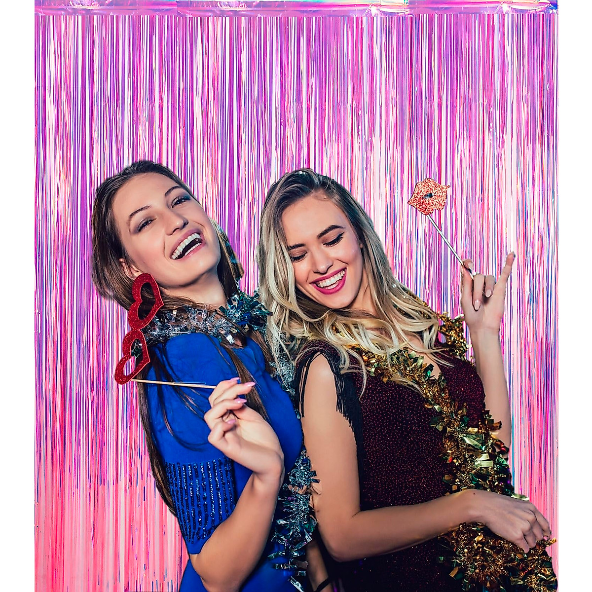 Sharonlily Gorgeous Iridescent Pink Foil Fringe Curtain-2 Pack 3.2x8.2 Feet Premium Neon Metallic Streamers Photo Booth Backdrop for Birthday Bachelorette Graduation Party Decorations (Pink-Orange)