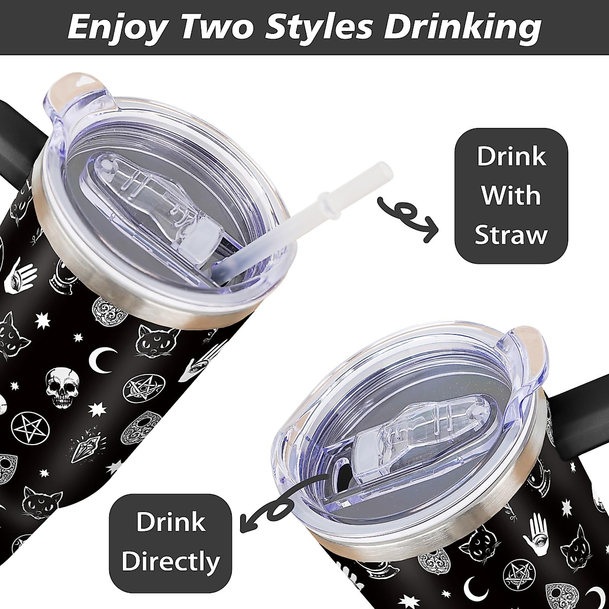 thmasamwr Goth Tumbler with Lid and Straw, Stainless Steel Gothic 40oz Tumbler with Handle, Black Moon Travel Coffee Mug Water Bottle, Goth Gifts Cups for Women and Men