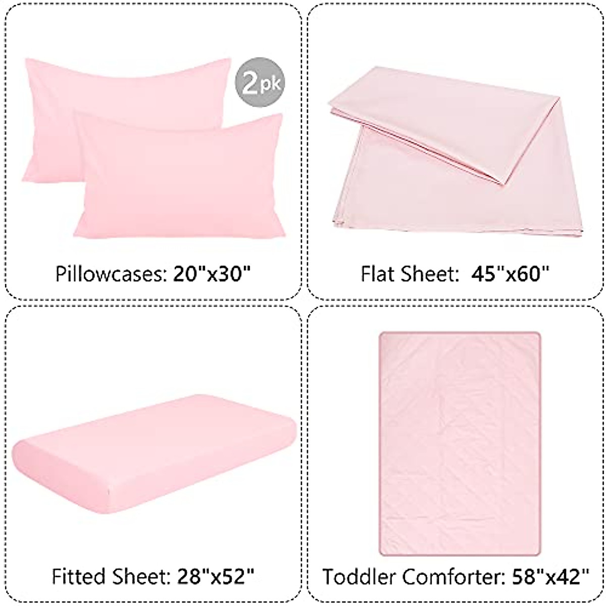 TILLYOU 5-Piece Solid Toddler Bedding Set for Boys or Girls, Bed-in-a-Bag Microfiber Comforter Set, Includes 1 Top Flat Sheet, 1 Mattress Sheets, 1 Padded Quilt and 2 Envelope Pillowcases, Pink