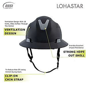 LOHASTAR Full Brim Hard Hat Safety Helmet Vented ANSI Z89.1 Approved OSHA Hard Hats Construction Men Women Adult Cascos De Construccion Type I Class C Hardhats(1 Pack, Black)