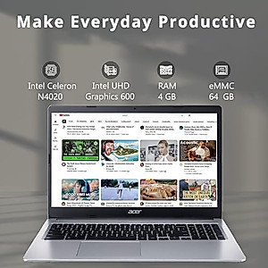 acer Chromebook 15.6 Inch FHD Touchscreen Laptop, Intel Celeron N4020, 4GB DDR4 RAM, 64GB eMMC, LED Backlit Touch Display, Chrome OS, Webcam, Silver, PCM