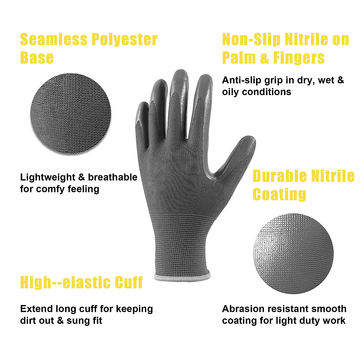 Jack Boss 12 Pairs Safety Work Gloves, All-Purpose Gardening Glove with Nitrile Coated and Seamless Knit, Suitable for both Man & Woman Working Fishing, Large