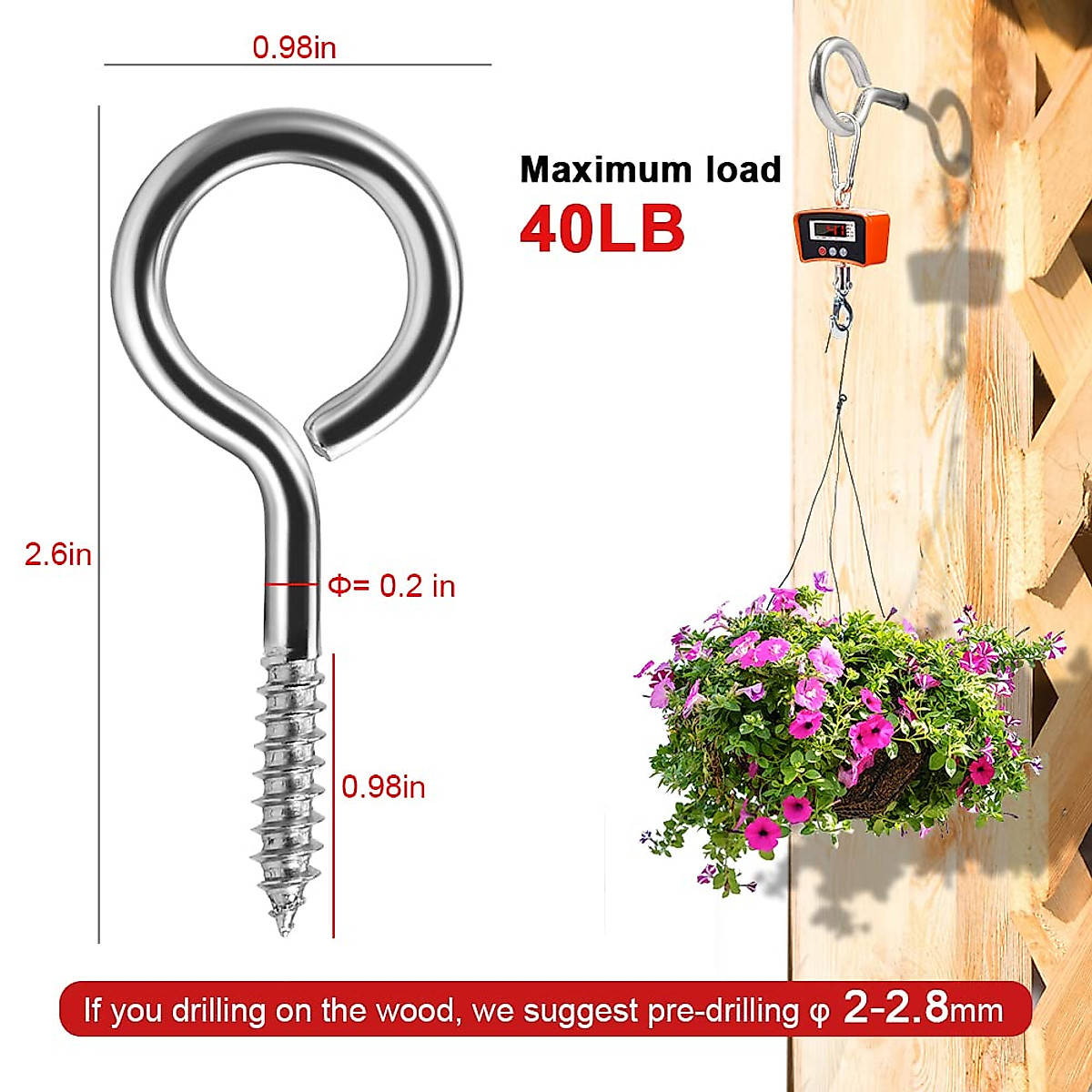 Kalekey 2.6inch Screw Eyes Heavy Duty Screws Eye Bolts Stainless Steel Eye Hooks Self Tapping Eyelet Screw for Wood Indoor & Outdoor Use(Sliver 40PCS)