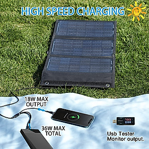 AAKL 36W Foldable Solar Charger Portable Waterproof Panel Backpack Bag Quick Charging Power Station Compatible DC USB Tester Cables Port Cell Phone Pad Outdoor Camping Hiking