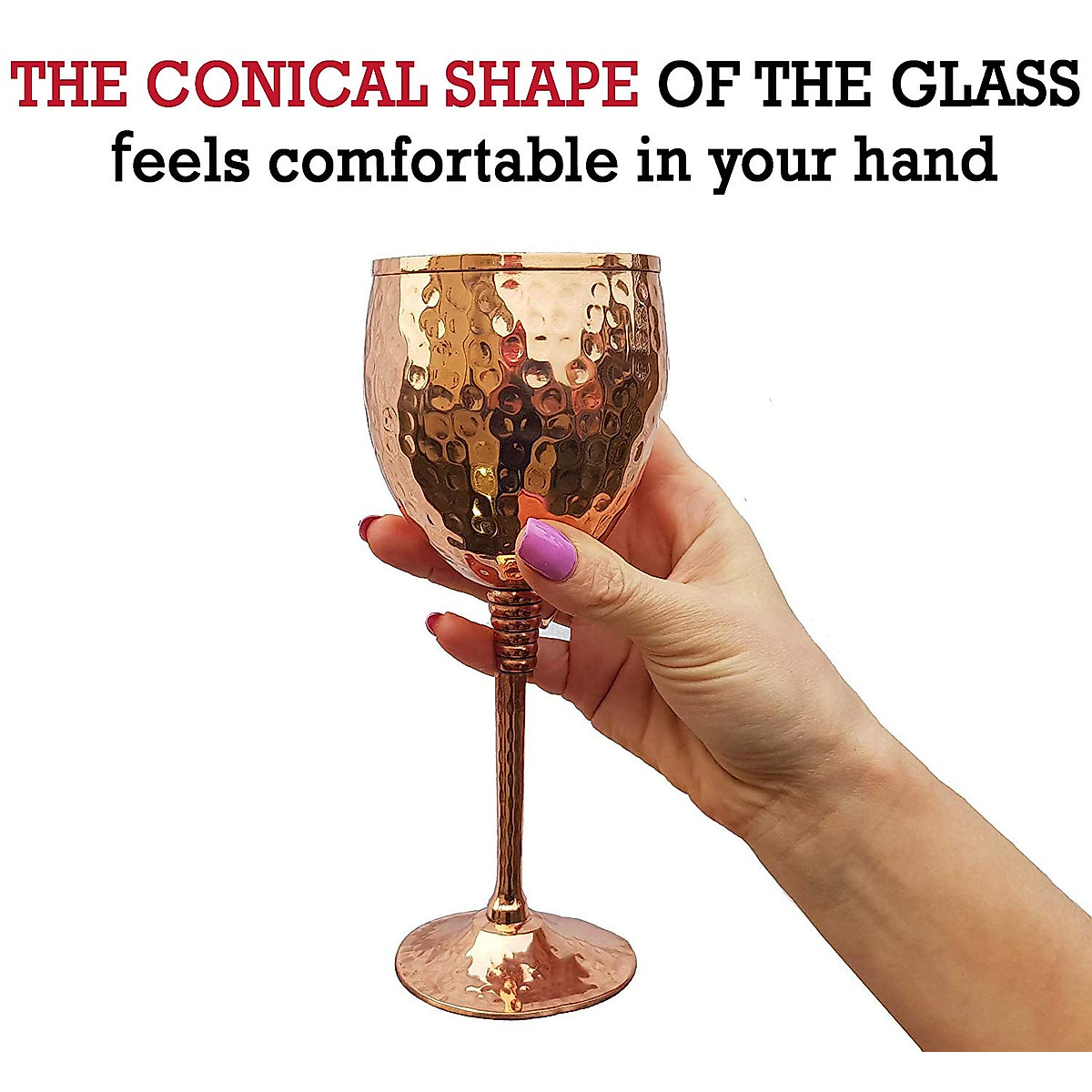 Copper wine glasses set of 2 – 11oz gleaming 100% solid hammered copper wine cups on brass copper plated stems – a gift for men and women – great glasses for red or white wine and Moscow mules