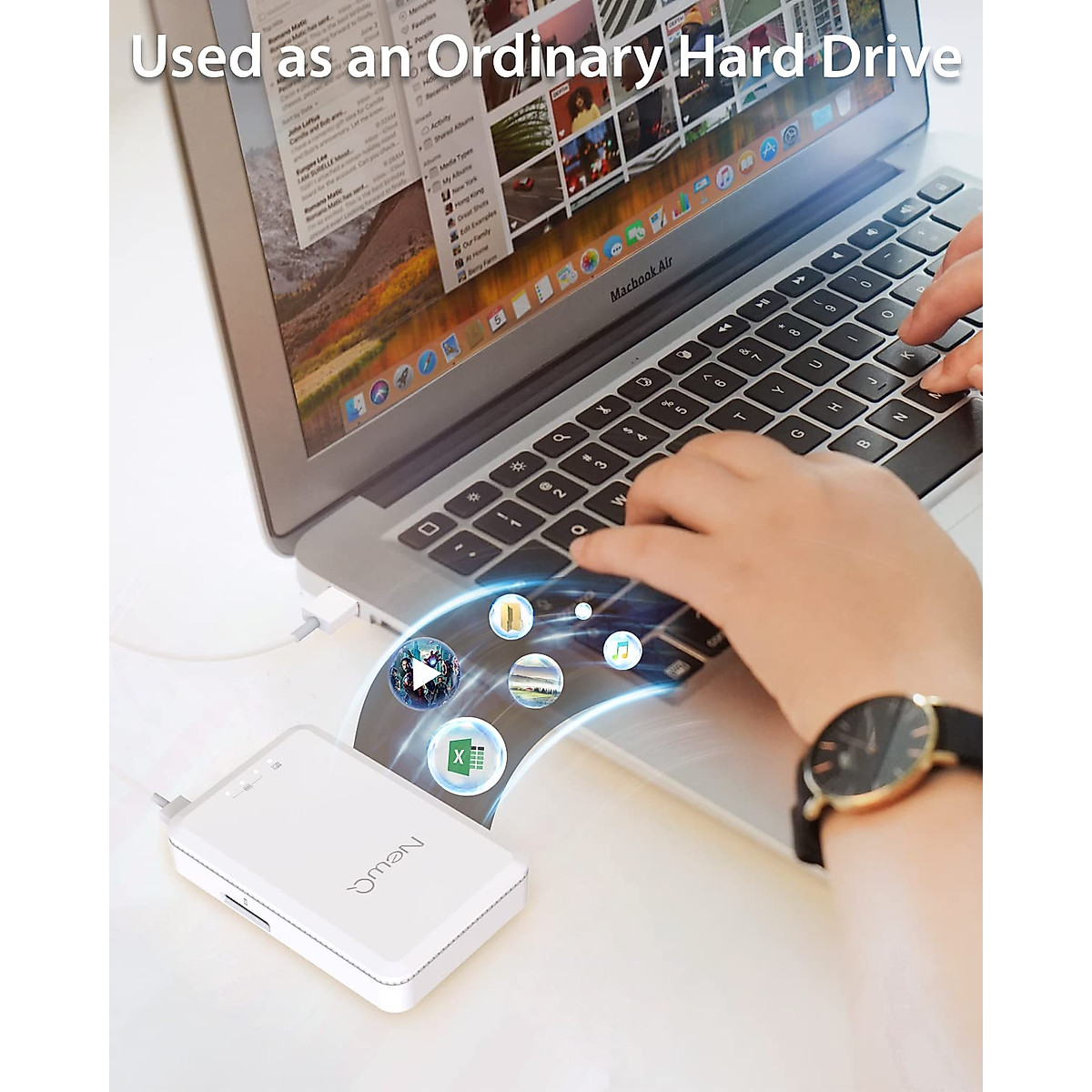 NEWQ 1TB External Hard Drive for iPhone, iPad, MacBook - USB 3.0, 2.0, 2.0 3.0 - Compatible with iOS & Android, Store Photos, Videos, Music, Documents