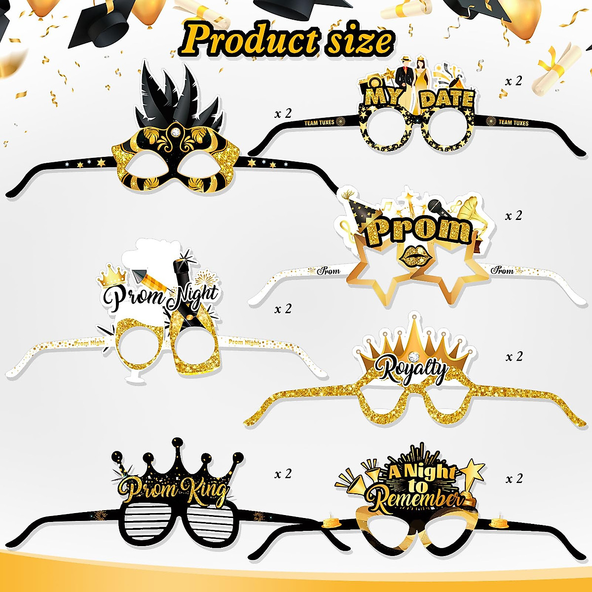 HOWAF 26 pack Prom Night Photo Booth Props Party Glasses, Black Gold Glitter Prom 2024 Photo Booth Paper Glasses Frames for 2024 Graduation Prom Party Supplies, Prom Night Eyewear Prom 2024 Eyeglasses