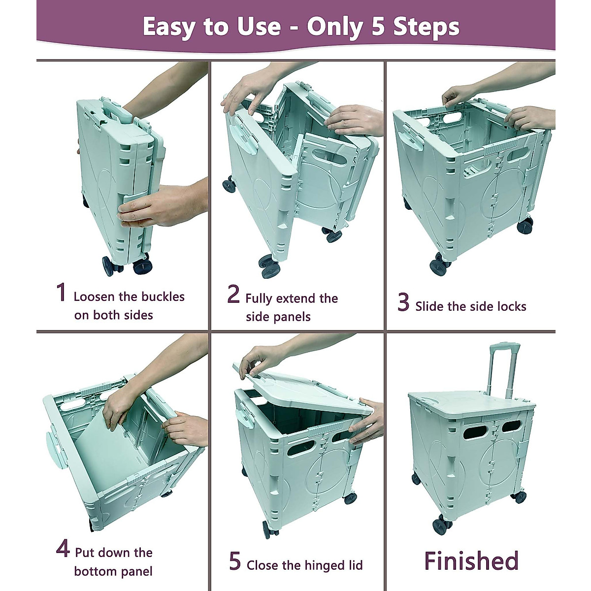 Kutatek Foldable Utility Cart, Collapsible Rolling Crate, 4 Universal Wheels with Two Brakes, Never-Lost Hinged Lid, Telescopic Handle for Home, Grocery, Office, School, Camping use (Mint, 1.8 Cu Ft)