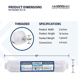 Hydronix ICF-10 Inline Post Activated Carbon Water Filter Replacement Cartridge with 1/4-Inch NPT for Refrigerator, Ice Maker, RO Reverse Osmosis System, 2000 Gallons - 1 Year Capacity (3 Pack)