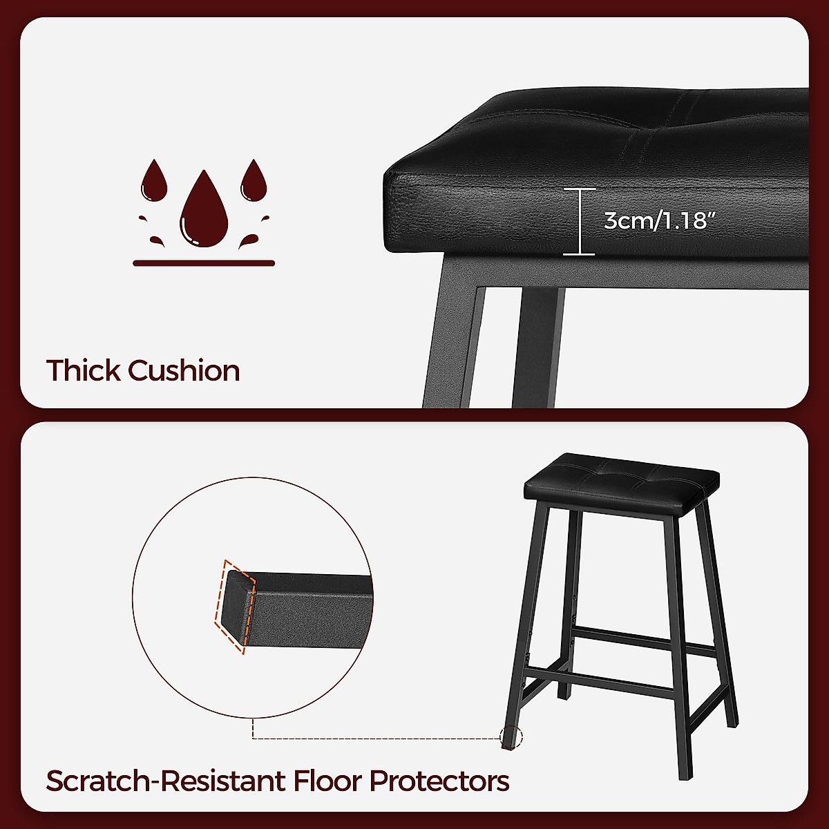 MAHANCRIS Bar Stools, Set of 2 PU Upholstered BarStools, 23.6-Inches Bar Chairs, Counter Height Bar Stools for Kitchen, Dining Room, Bar, Easy Assembly, Black BAHB04R01