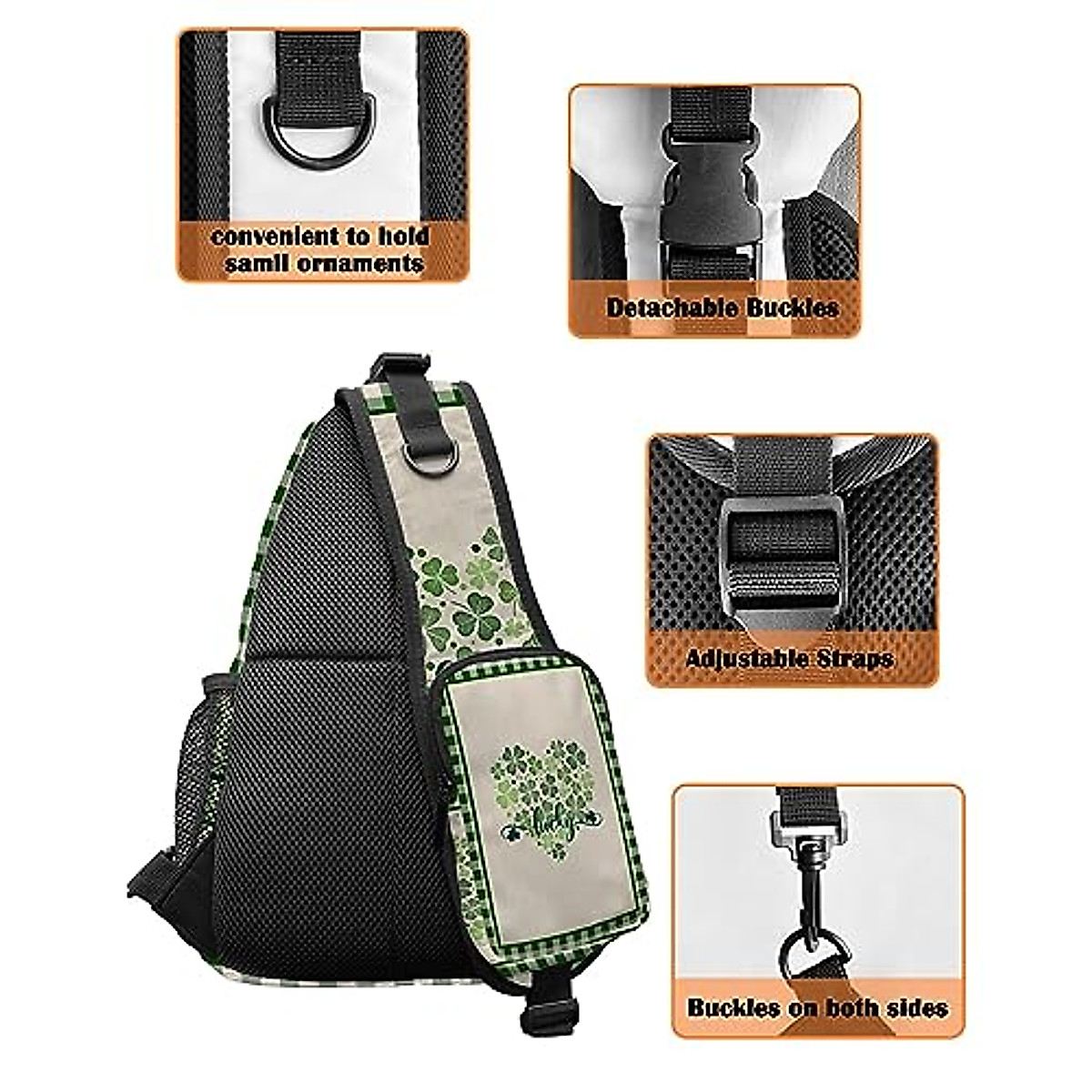 Sling Backpack, St. Patrick's Day Lucky Shamrocks Clover Love Heart Green Buffalo Plaid Waterproof Lightweight Small Sling Bag, Travel Chest Bag Crossbody Shoulder Bag Hiking Daypack for Women Men