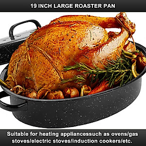 17.5 Inch Roaster Pan, Enamel Oval Turkey Roasting Pan with Domed Lid - Mother's Gift, Covered, Non-sticky, Free of Chemicals - Rôtissoire Chicken Meat Roasts Casseroles & Vegetables (17.5 Inch)