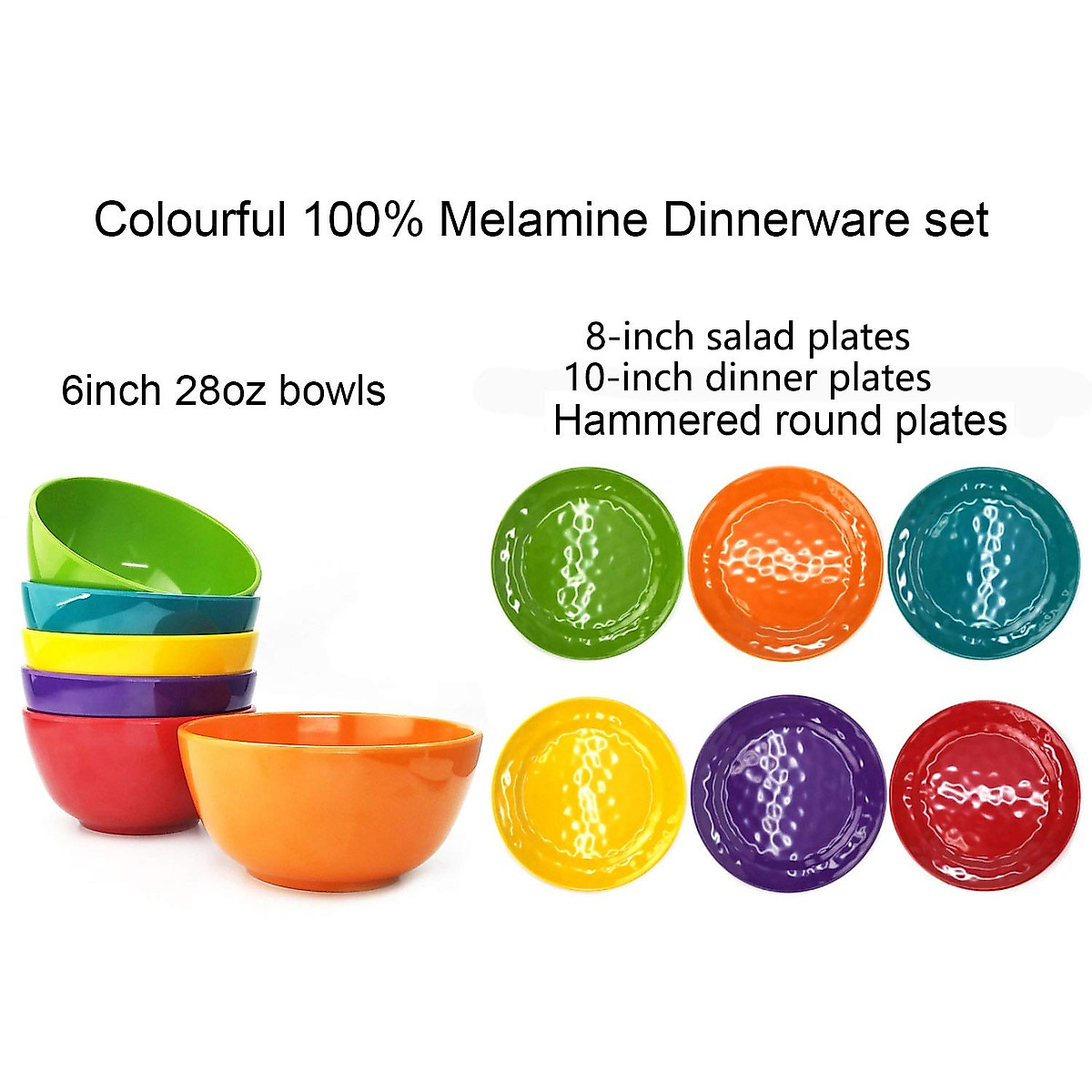 KX-WARE Melamine Plates set -10inch 6pcs 100% Melamine Dinner Plates for Everyday Use, Break-resistant and Lightweight, MultiColor
