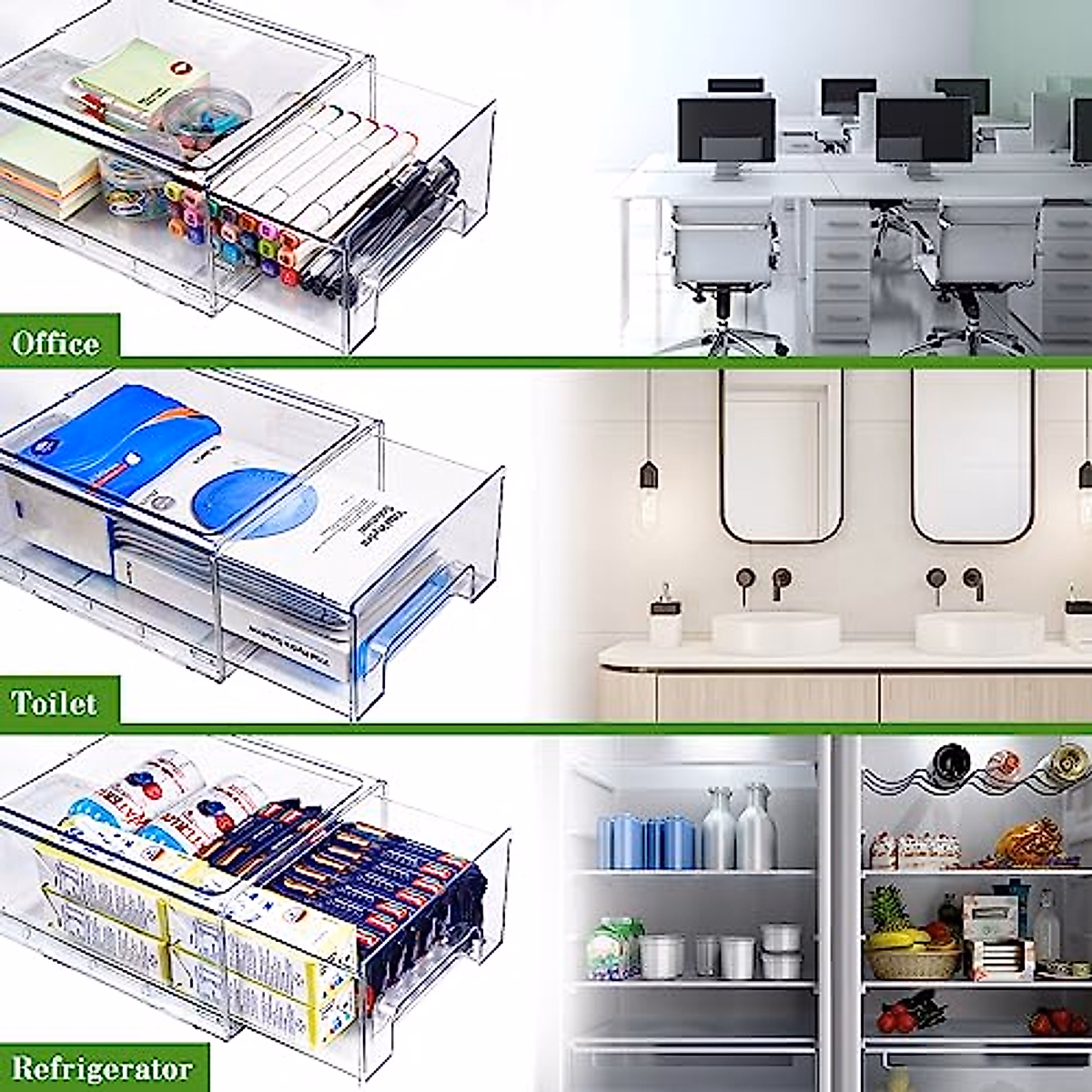 Totexil Fridge Drawers, 2 Pack Clear Stackable Pull Out Refrigerator Organizer Bins, BPA-Free Plastic Pantry Organization and Storage, Clear Storage Bins with Drawers for Kitchen Cabinet Office(Large)