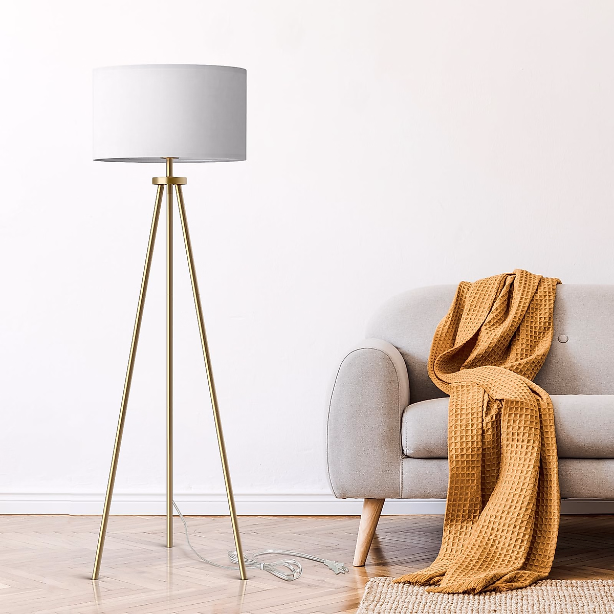 Alldio Tripod Floor Lamps for Living Room, Modern Standing Lamp with Drum Shade, Simple Industrial Tall Lamp, 9W LED Bulb Included - Brass