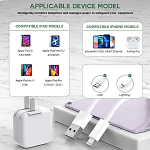 iPad Charger iPhone Charger, 2-Pack 【Apple MFi Certified】 12W Charger iPad Foldable Portable Travel Plug with 3.3FT Lightning Cable Compatible with iPhone, iPad, iPad Mini 1/2/3/4/5, iPad Air 1/2/3