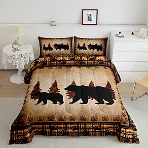 Feelyou Kids Bear Comforter Set Rustic Cabin Country Bedding Set Twin Size for Boys Girls Teens Rust Bear Comforter Wild Animal Brown Duvet Set with 1 Pillow Case