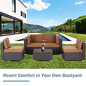 SUNCROWN 5-Piece Outdoor Patio Furniture Sofa Set All-Weather Wicker Sectional Sofa Couch Conversation Sets with Washable Cushions and Coffee Table (Brown)