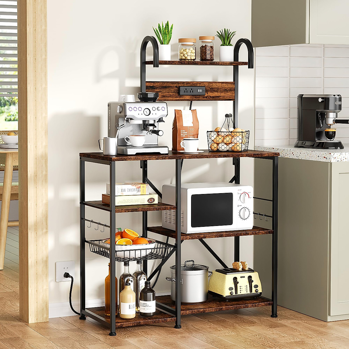 JAMFLY Bakers Rack with Power Outlet, Microwave Stand, kitchen Storage Shelf with 6 Hooks, Coffee Bar Station with Wire Basket, 6 Tier Kitchen Rack for Living Room, Spice, Pots and Pans Organizer