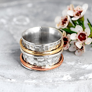 Boho-Magic 925 Sterling Silver Spinner Larimar Ring for Women with Copper and Brass Fidget Rings Bands (9)