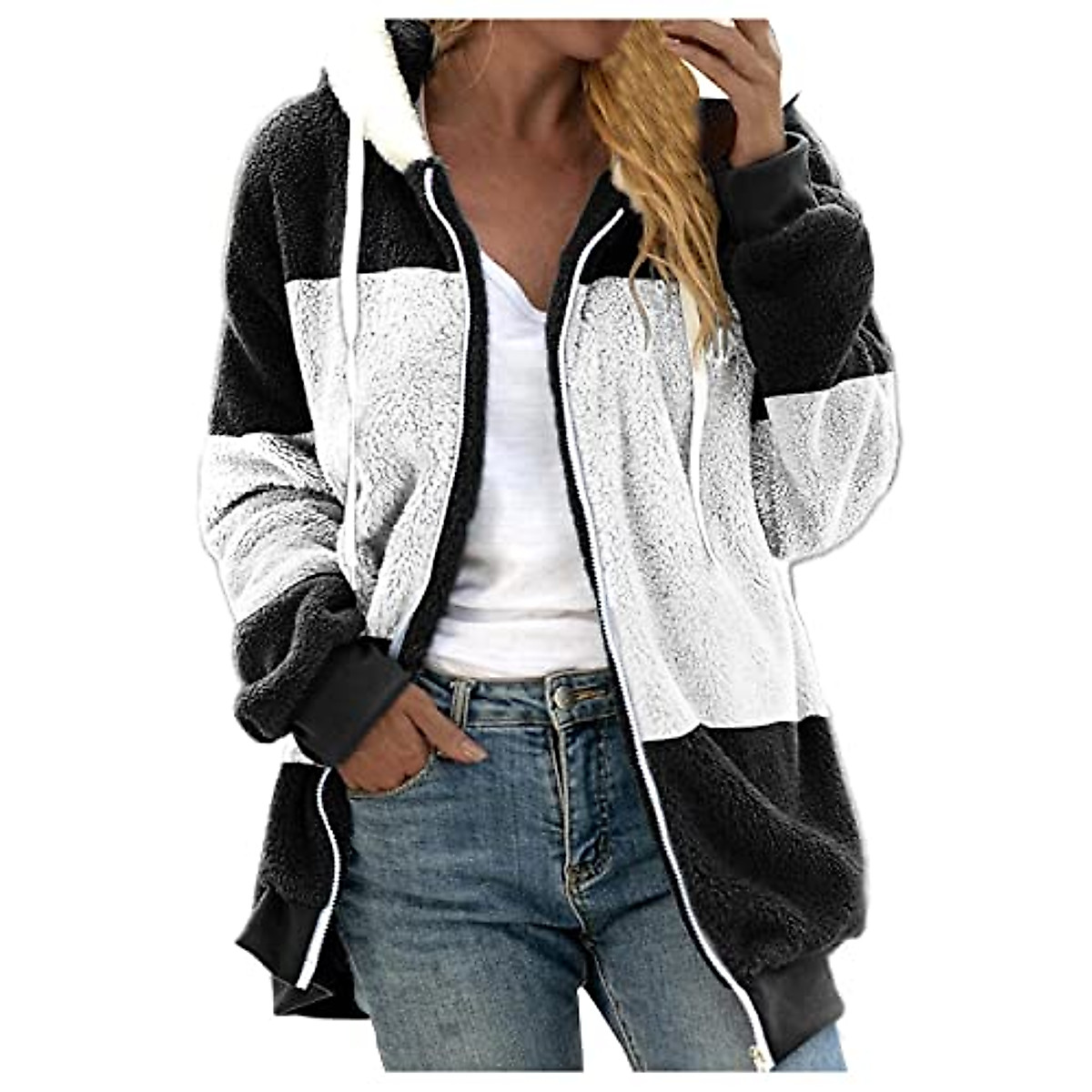 Winter Coats For Women, Shearling Jacket Fuzzy Loose Large Size Plush Multicolor Paneled Hooded Zip Jacket Fur Coats Women Faux Fall Jackets 2023 Ski With Hood, Jacket Coats (XL, White)