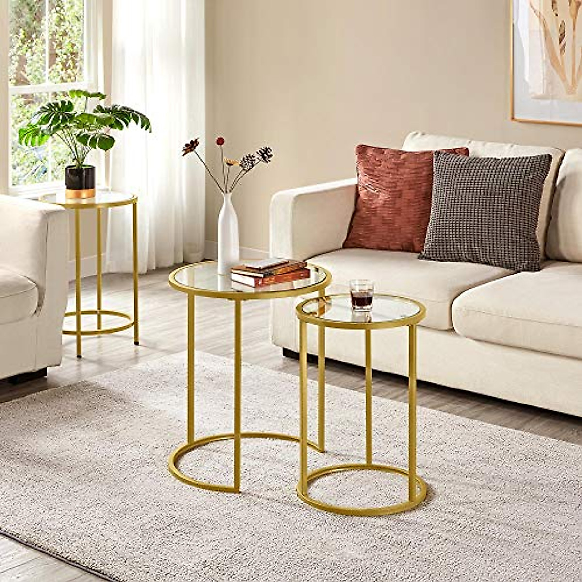 Yaheetech Round Nesting Side Table Stacking Coffee Table, Set of 2 Circular Modern End Tables w/Metal Frame & Tempered Glass Top & Protective Foot Pads for Small Space Living Room Bedroom Office