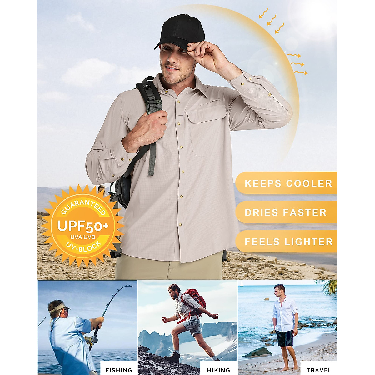 33,000ft Men's Long Sleeve Sun Protection Shirt UPF 50+ UV Quick Dry Cooling Fishing Shirts for Travel Safari Camping Hiking